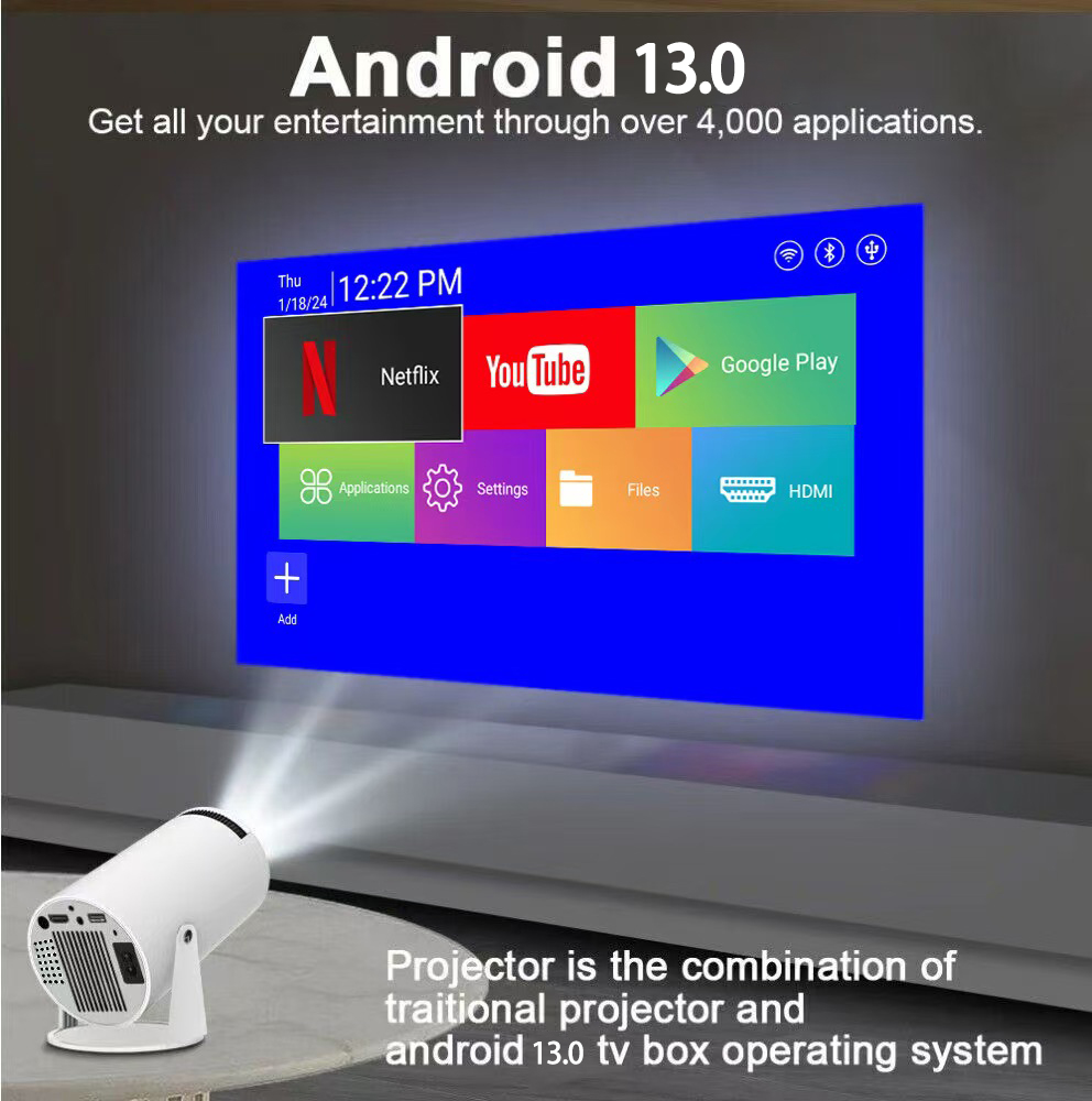 Android 13.0 Portable Projector Pro HY300 Ultra HD 1080P WiFi 2.4/5G ...