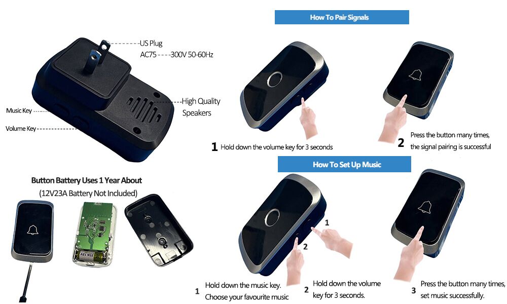 Wireless Smart Waterproof AC Household Doorbell (US Plug), 60 Songs ...