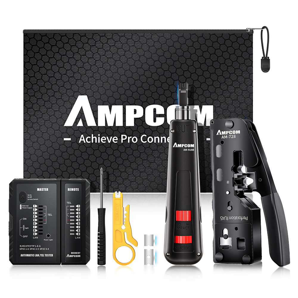 AMPCOM RJ45 Crimper Lan Tester Tool Set Ethernet Cable Stripper Punch ...