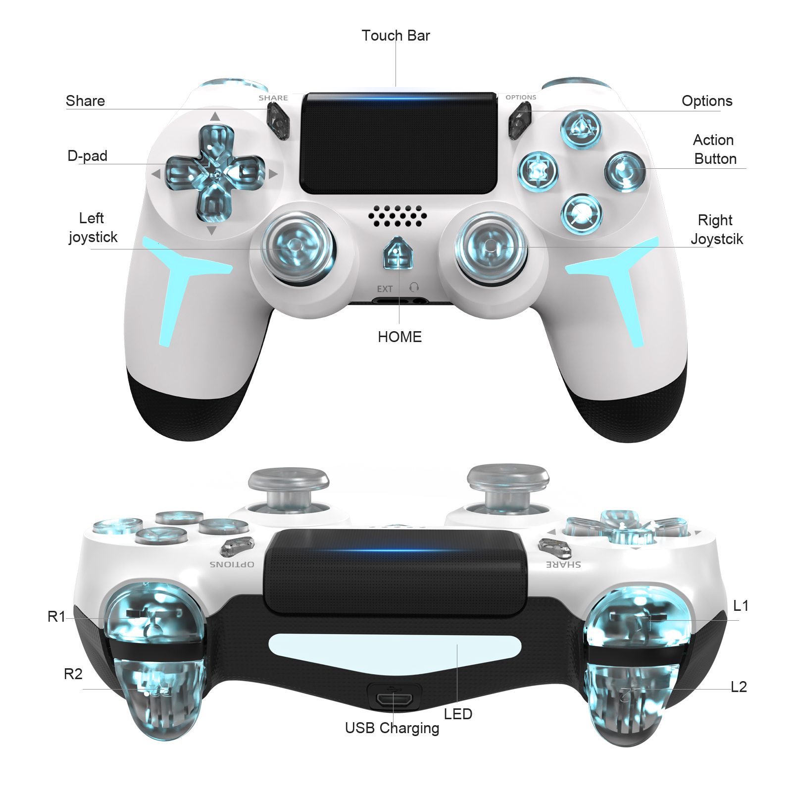 RGB Light Wireless Gamepad Bluetooth Controller For PS4 PS3 Console Computer PC 6-axis Gyroscope ...