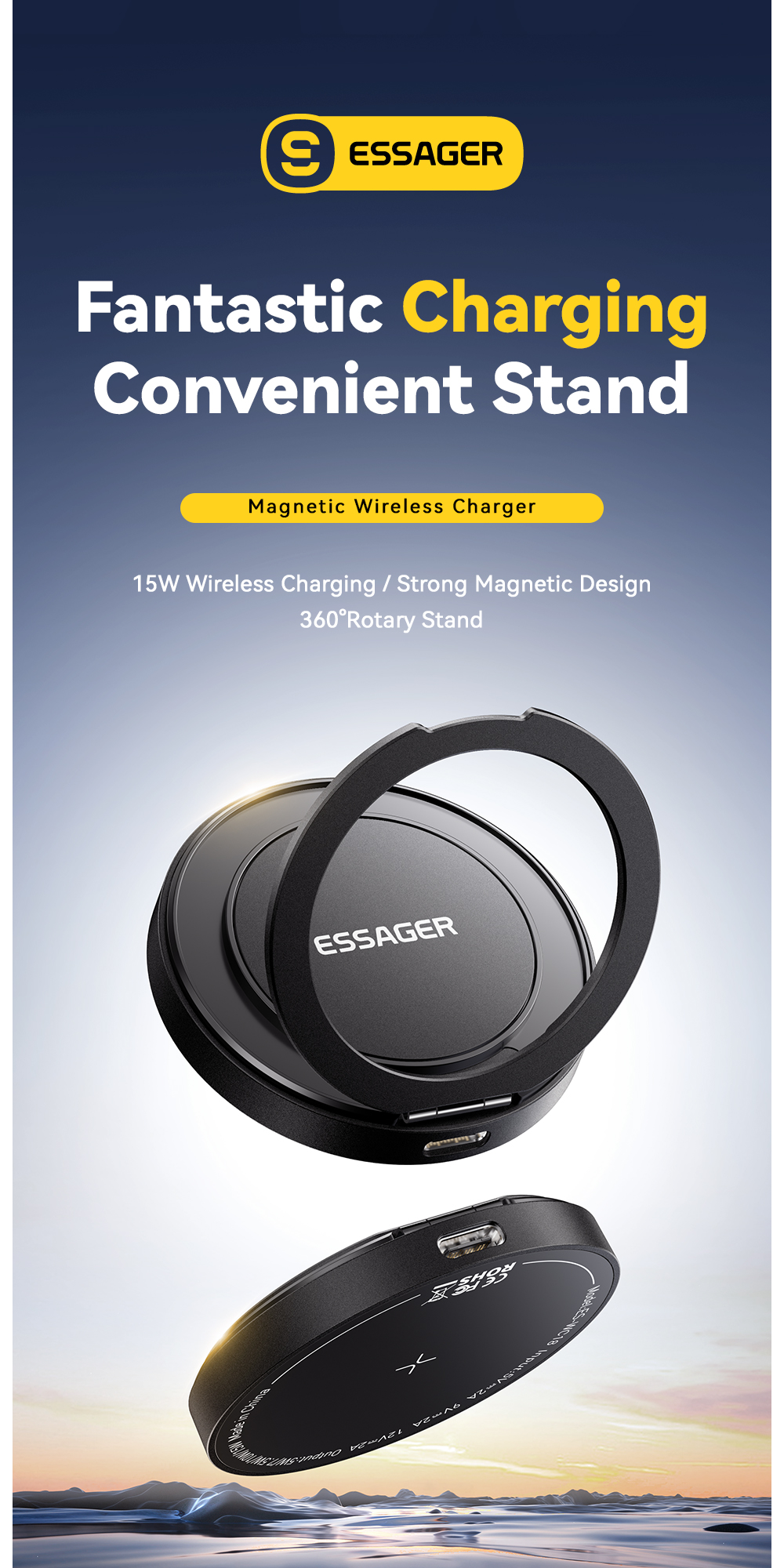 ESSAGER 15W Magnetic Wireless Charger Stand 2-in-1 Charging Stand For ...