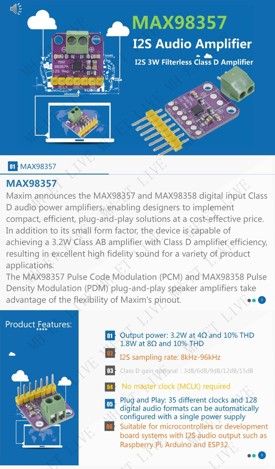 Max98357 I2S 3W Class D Amplifier Breakout Interface Dac Decoder Module Filterless Audio Board ...