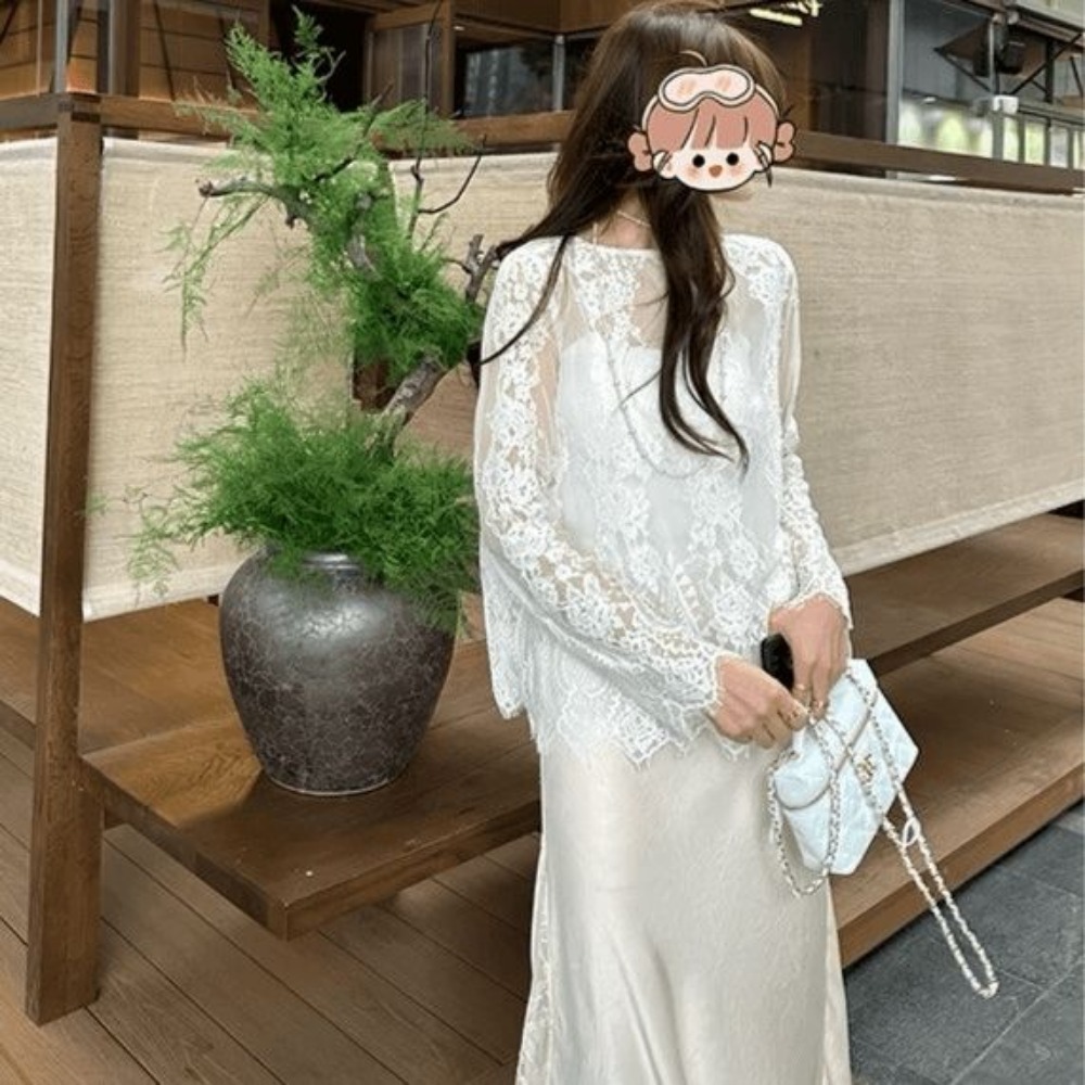 Alisa.Sonya Women Mature Lace French Satin Skirt High Waist Slimming ...
