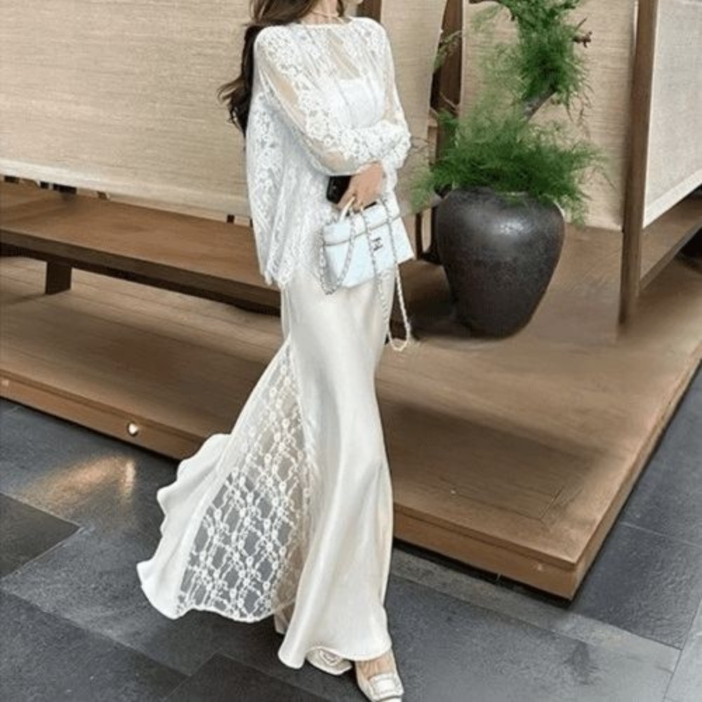 Alisa.Sonya Women Mature Lace French Satin Skirt High Waist Slimming ...