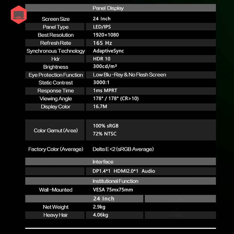 YGT 24 Inch Monitor 165Hz IPS Framless Flat FHD 1080P 24'' Gaming ...