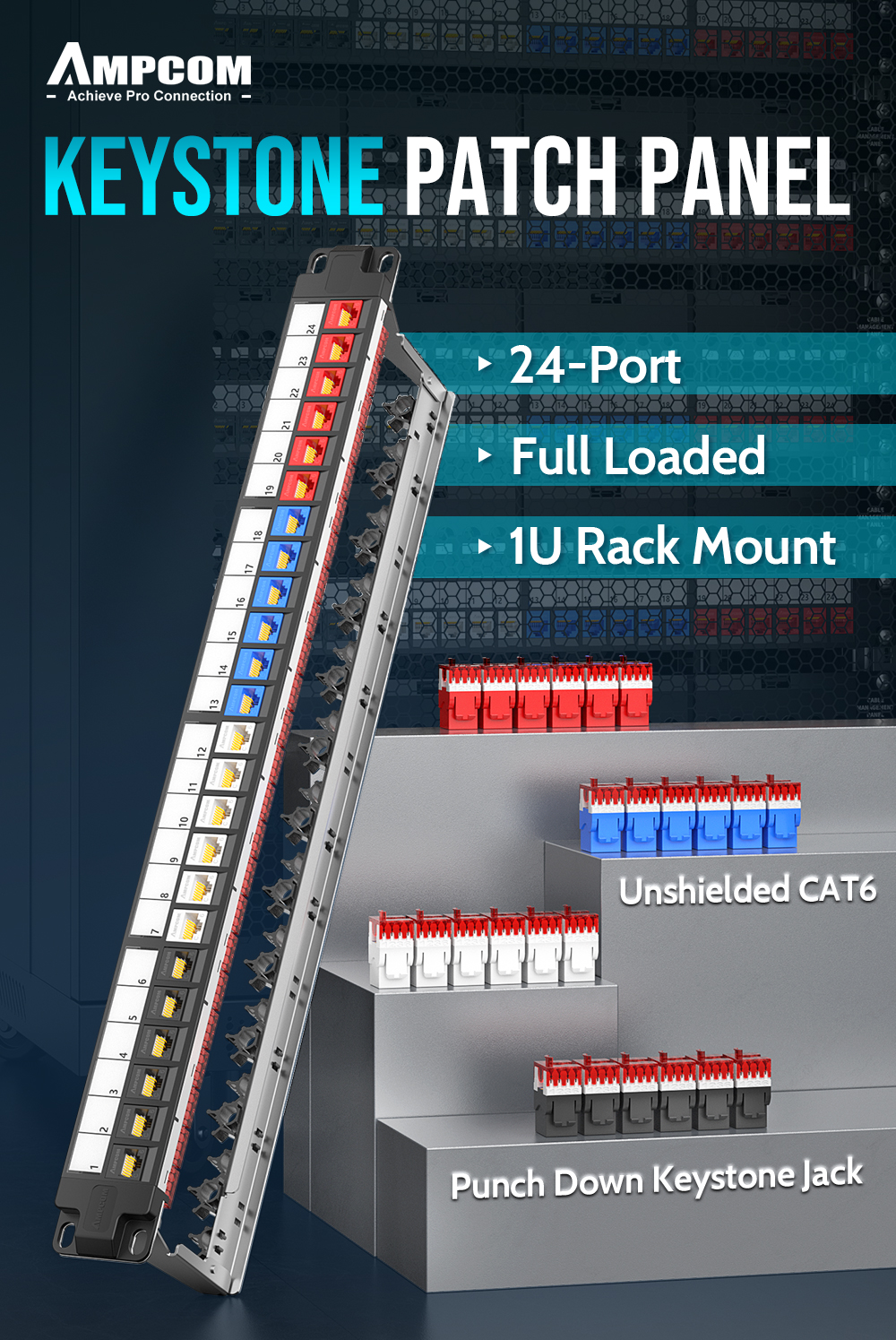 AMPCOM 1U 24-Port UTP Keystone Patch Panel, Rack-Mounted with Rear ...