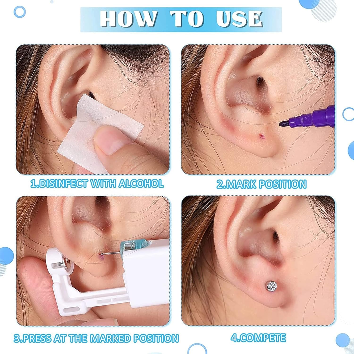Ear Piercing Gun with In-Built Stud - Single-Use, Safe Self Piercing ...