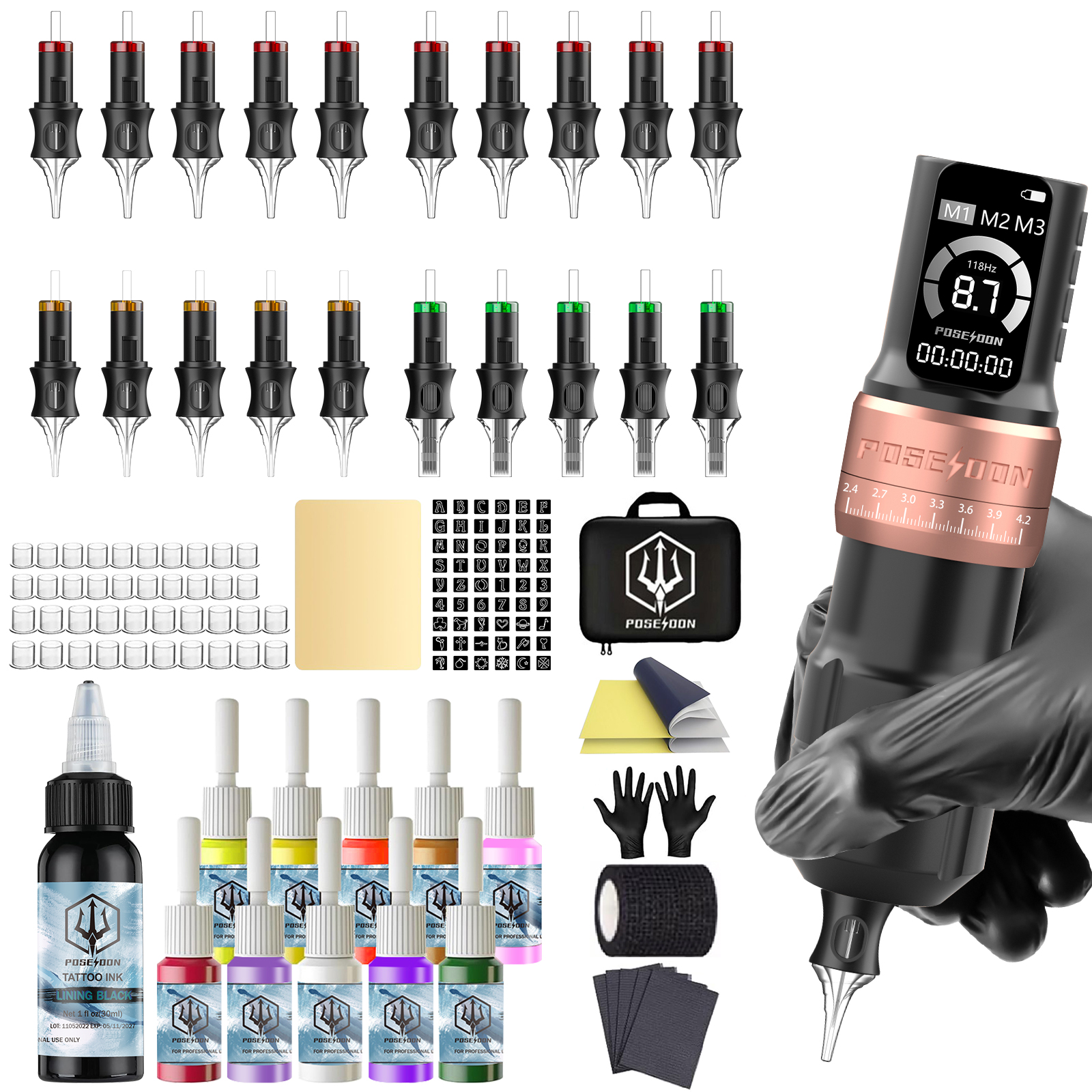 POSEIDON Tattoo Kit- Adjustable Stroke Tattoo Machine with 20Pcs Tattoo ...
