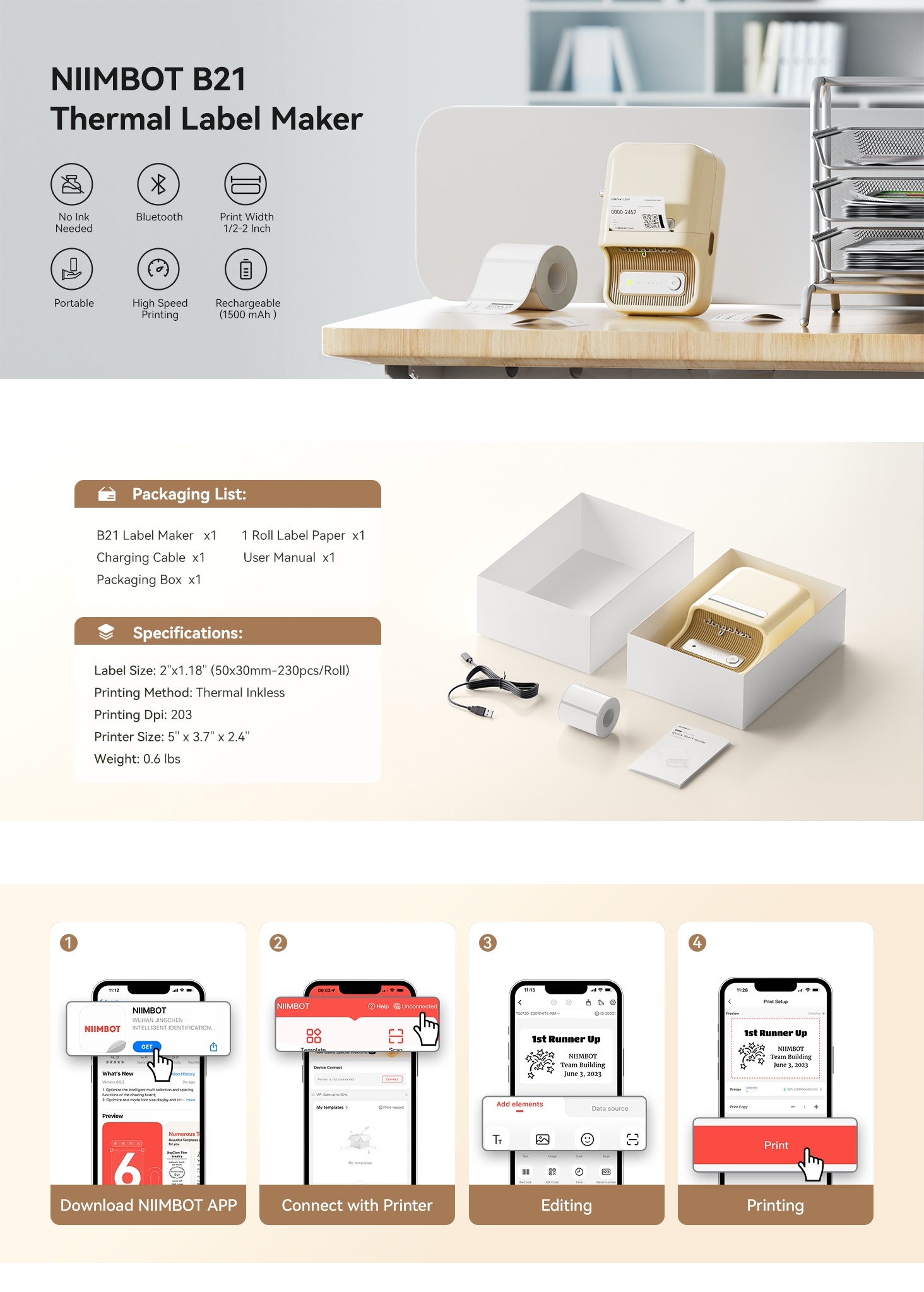 Niimbot B21 Label Printer Portable Thermal Label Maker Commercial ...