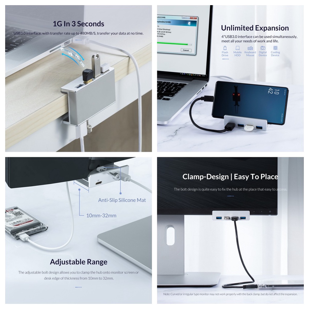 4 Ports Aluminum External Dock Station 6 in 1 USB 3.0 Type-C Clip HUB ...