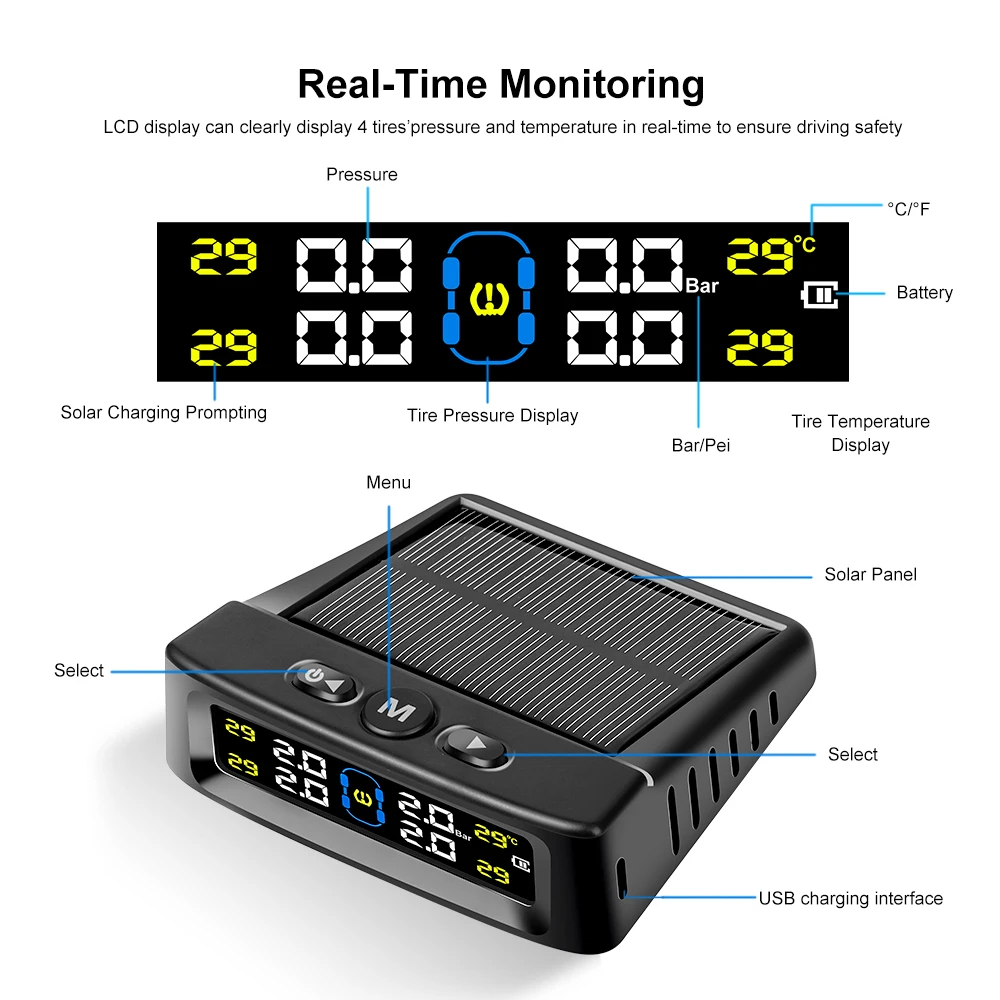 Solar Tire Pressure Monitor, Automotive Tire Pressure Monitoring System 4 External Sensors ...