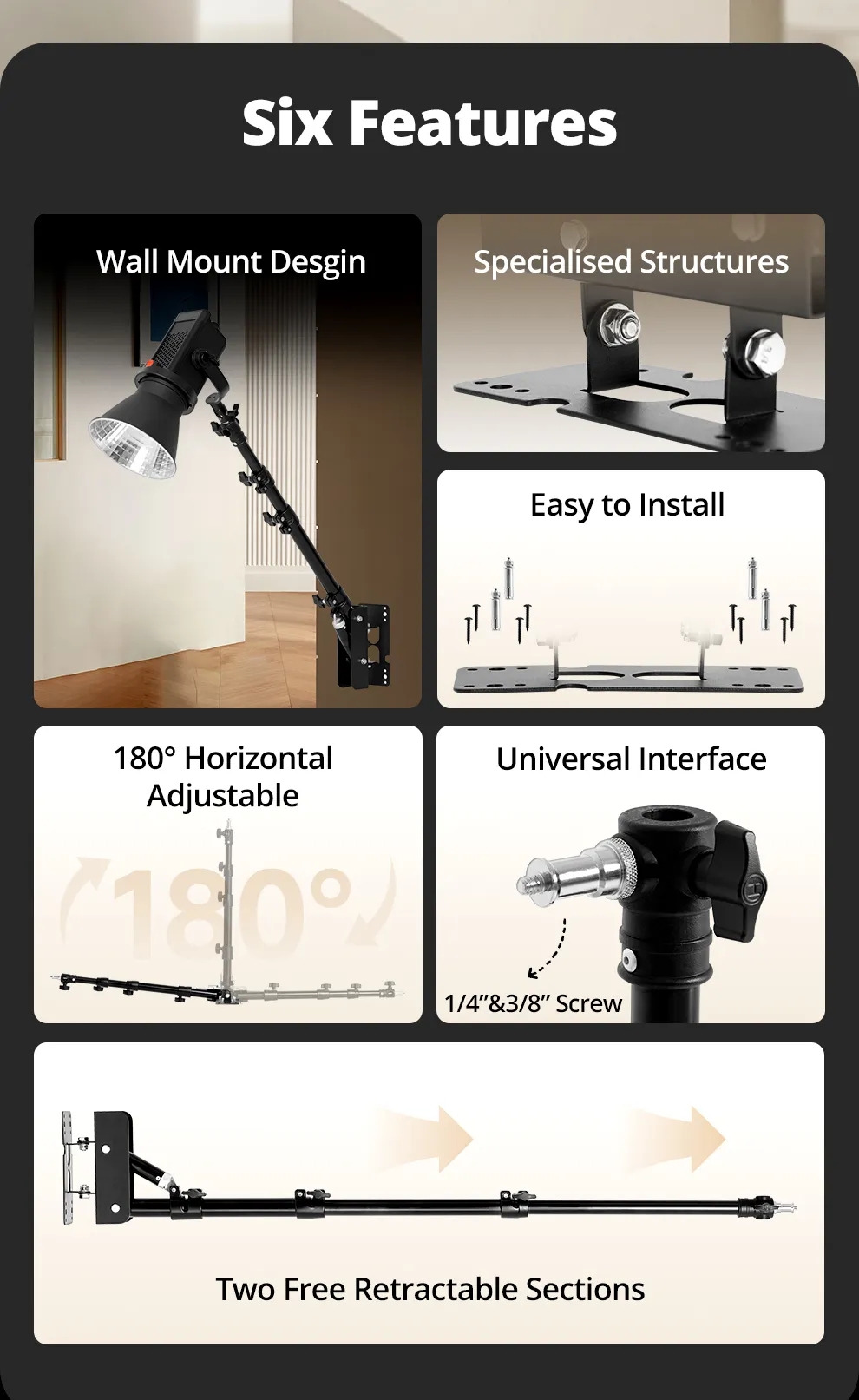 43cm-110cm Triangle Wall Mounting Boom Arm Light Stand 180°Flexible ...