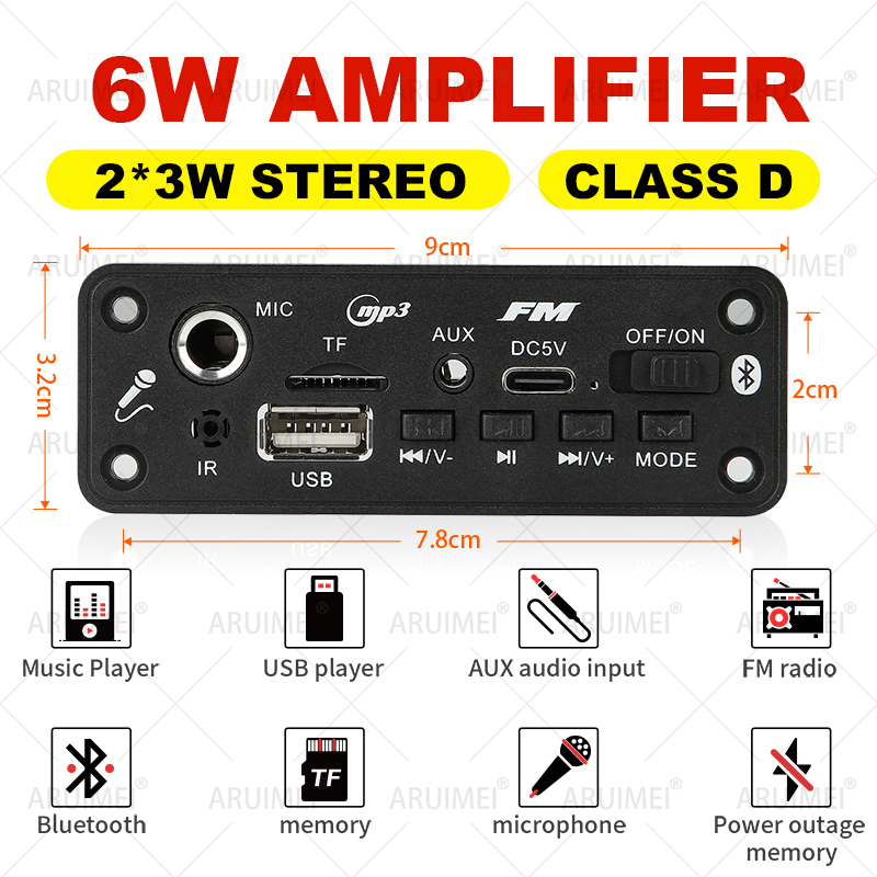 Bluetooth 6W Amplifier Module DC 5V MP3 WMA Board Bluetooth 5.0 Audio ...