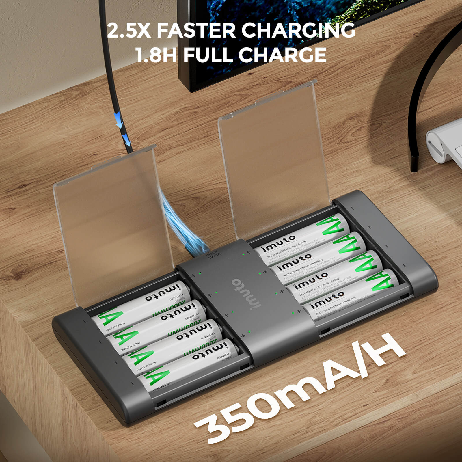 imuto AA 8pcs Lithium-ion Batteries Pack with Slim Charger, 2000 mWh 1 ...