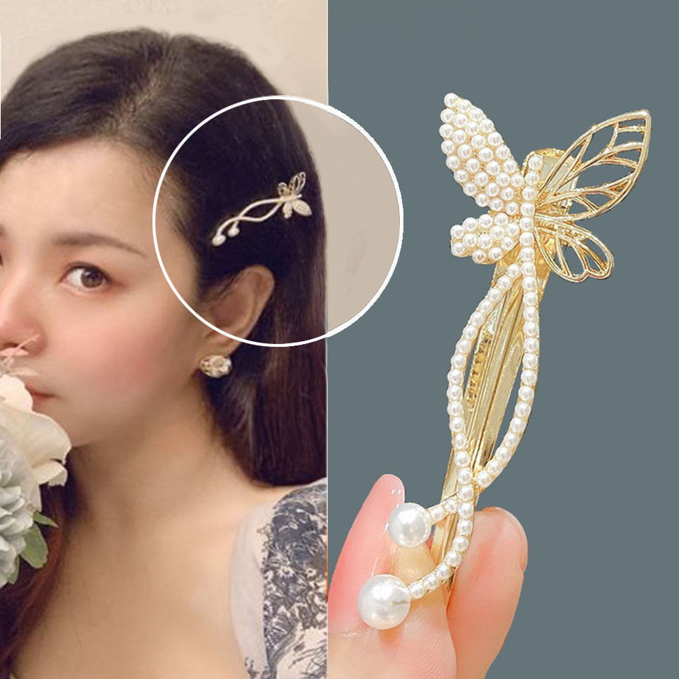 Korean Hair Clip - Pearl & Crystal Butterfly Duckbill Clip for Women ...