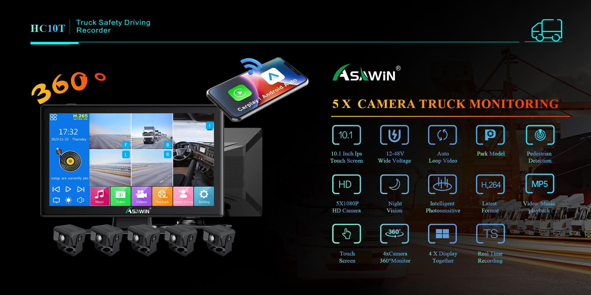 10 Inch carplay Monitor Truck Lorry 360 Degree Driving AHD Camera 5 ...