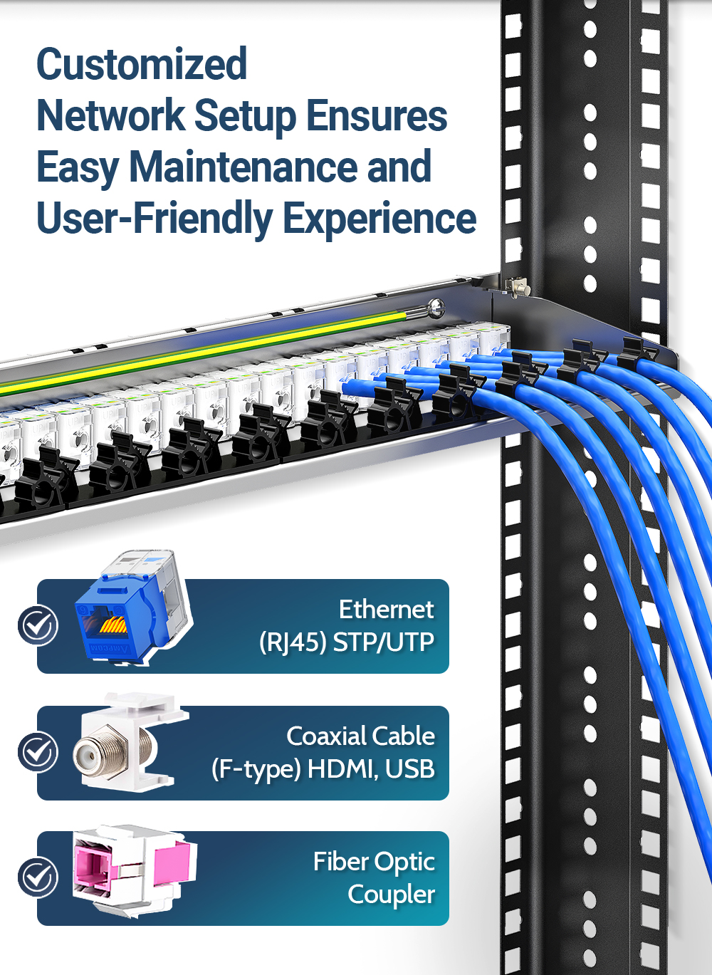 AMPCOM 1U 24-Port Keystone Patch Panel, UTP/STP Rack-Mounted with Rear ...