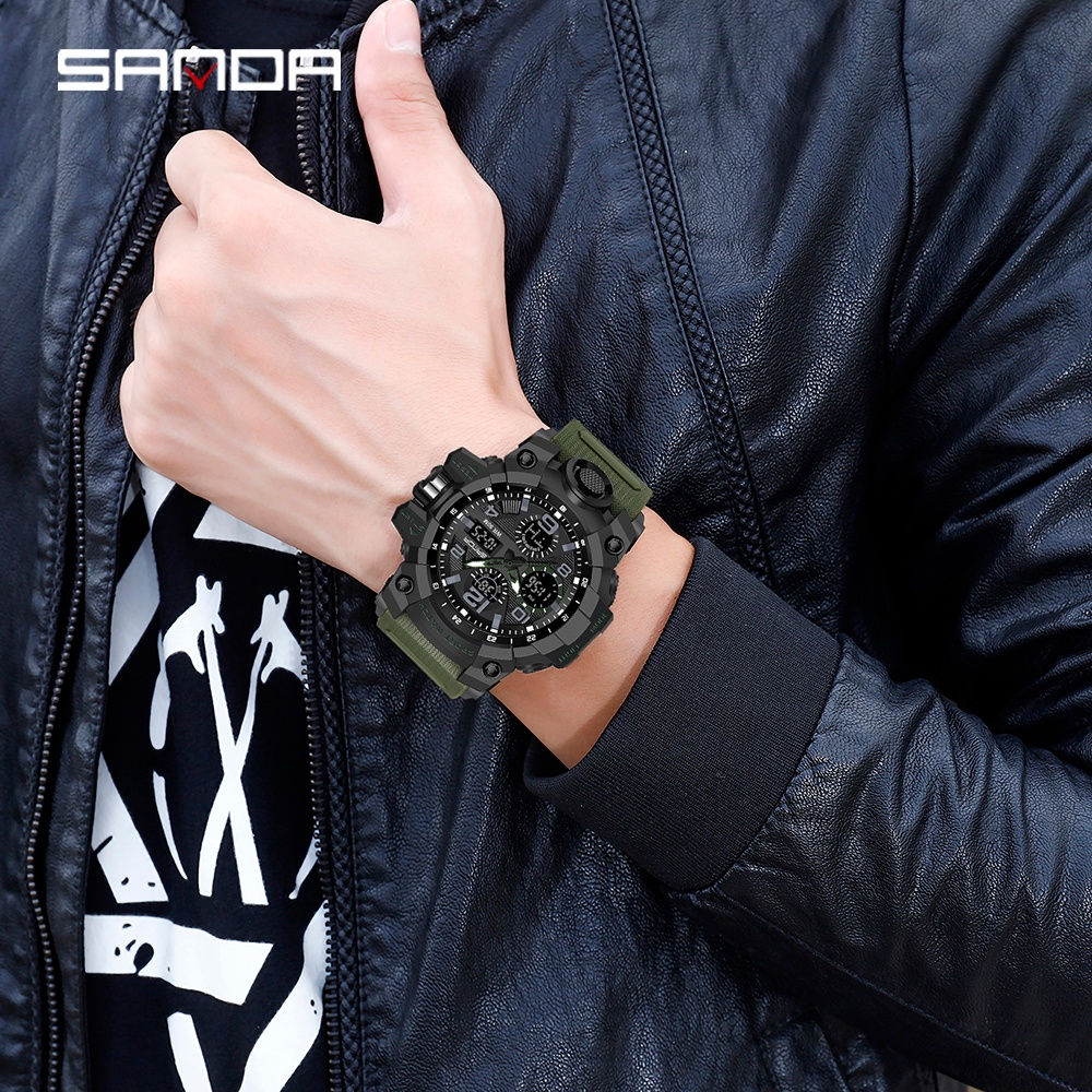 SANDA Pro Series Black Field Watch, NATO Strap Dual Display Waterproof ...