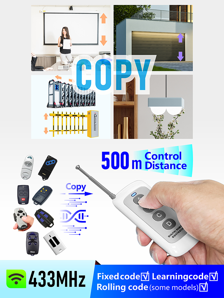 RF 433MHz 4 Button clone remote control,500m Range，4 channel copy remote control for Garage Door ...
