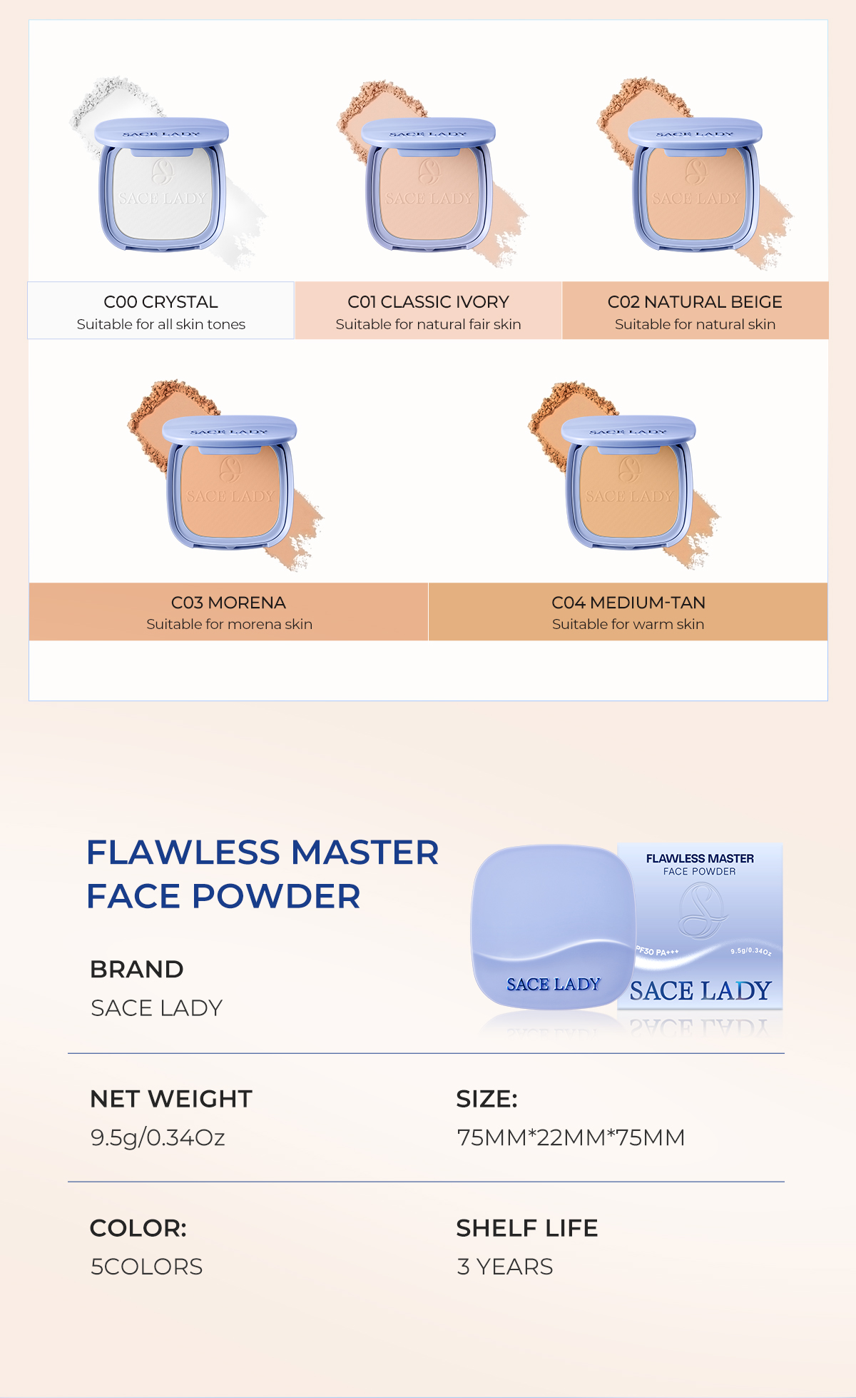 SACE LADY Oil Control Face Powder SPF 30 PA+++ Waterproof Flawless ...