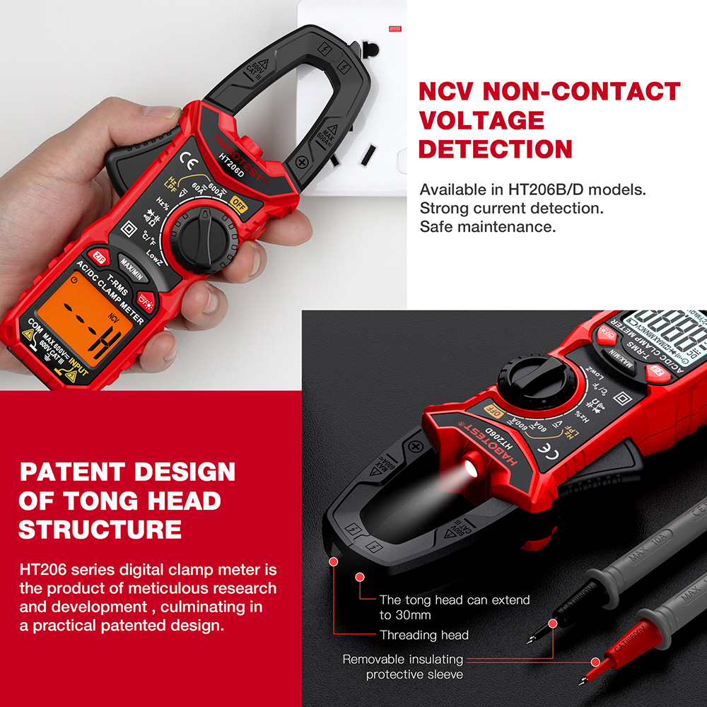 HABOTEST HT206 Clamp Gauge 600V AC/DC 6000 Digital Counting Multimeter ...