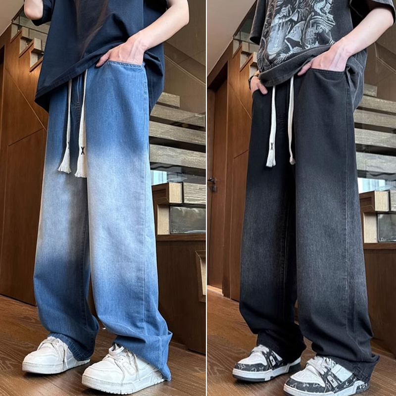 Retro gradient blue jeans denim pants for men loose straight maong for ...