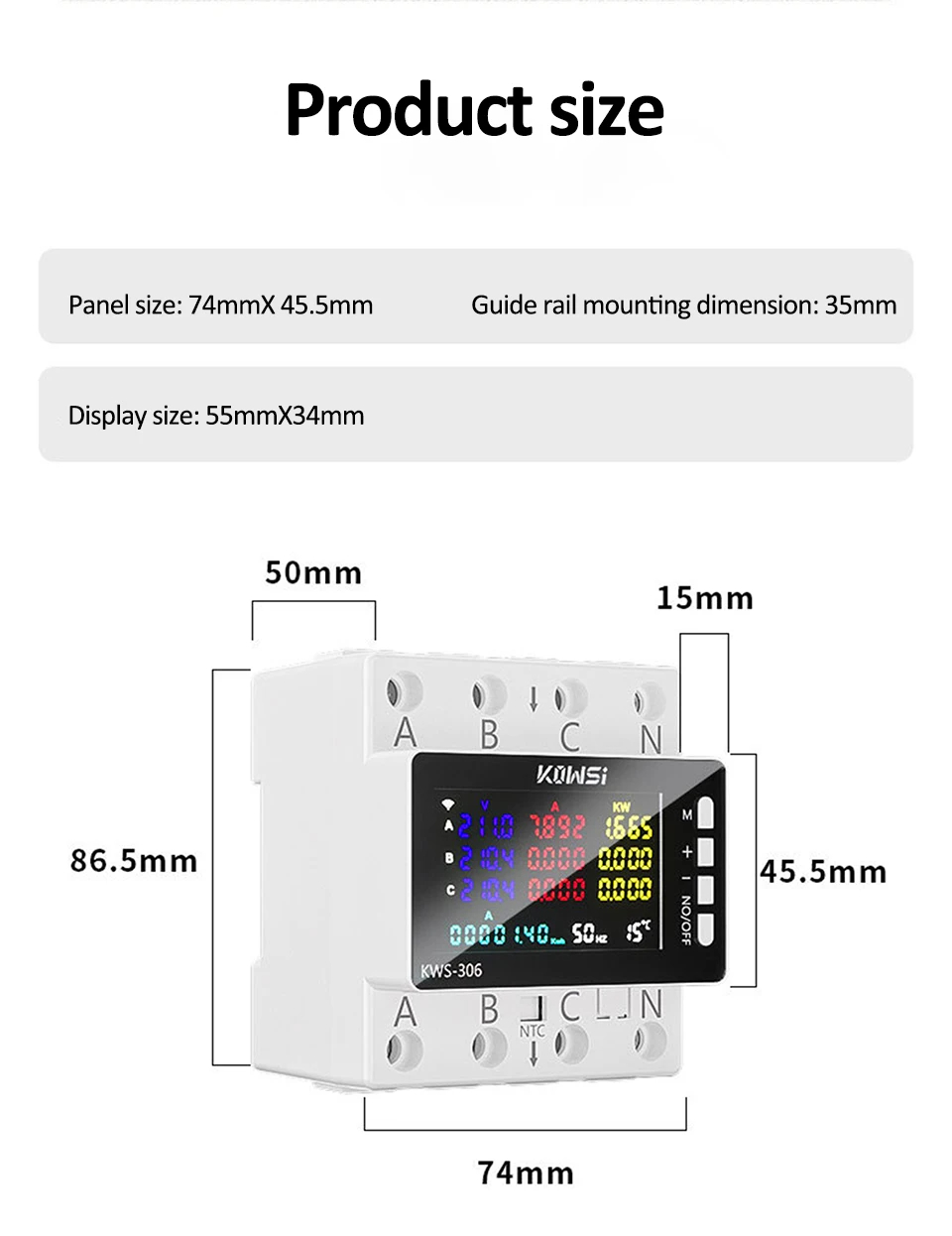 KWS-306 Power Meter 3 Phase 4 Wire Color Screen Multi-function AC 85 ...
