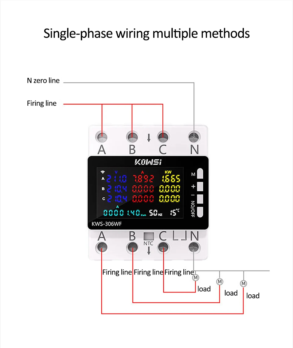 KWS-306 Power Meter 3 Phase 4 Wire Color Screen Multi-function AC 85 ...