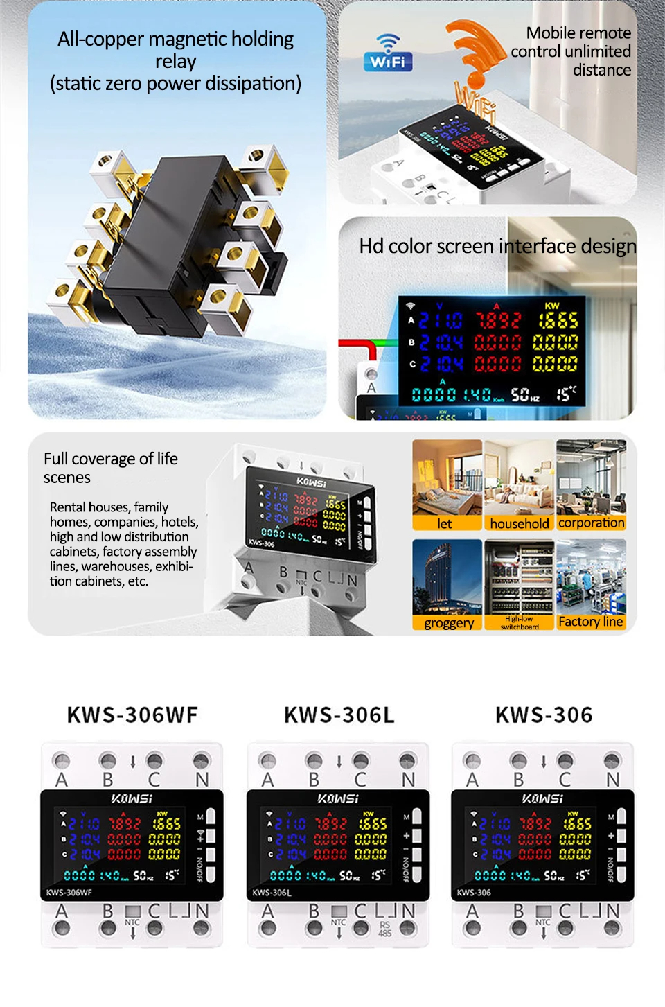 KWS-306 Power Meter 3 Phase 4 Wire Color Screen Multi-function AC 85 ...