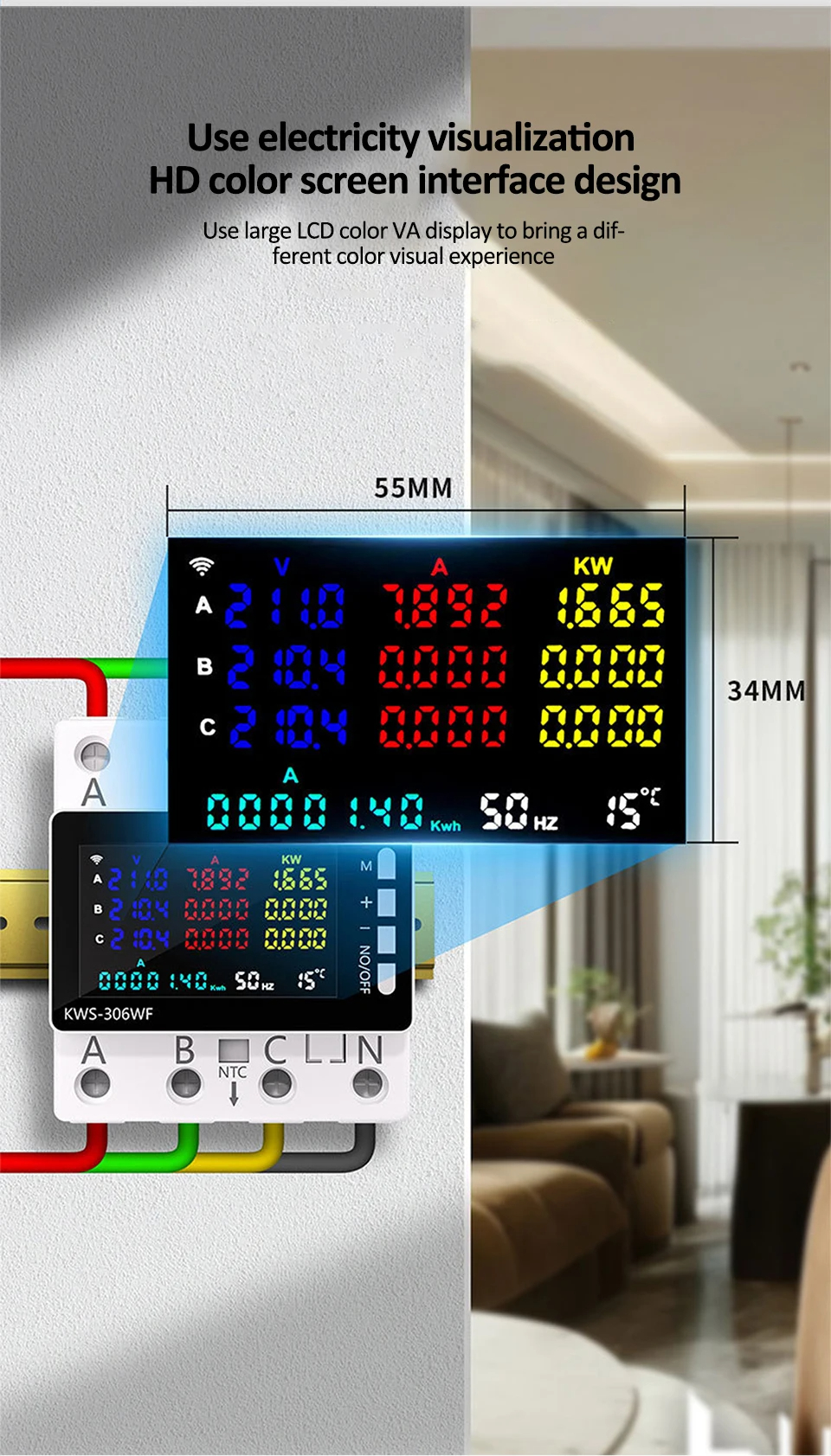 KWS-306 Power Meter 3 Phase 4 Wire Color Screen Multi-function AC 85 ...