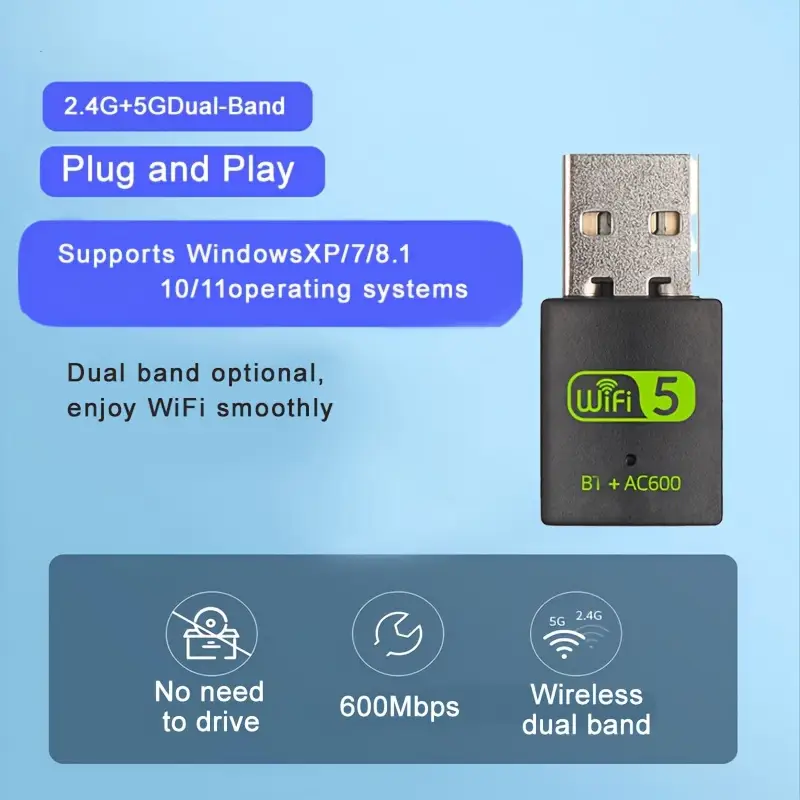 Wireless Network Receiver 600Mbps Dual Band 2.4/5GHz USB WiFi Adapter ...