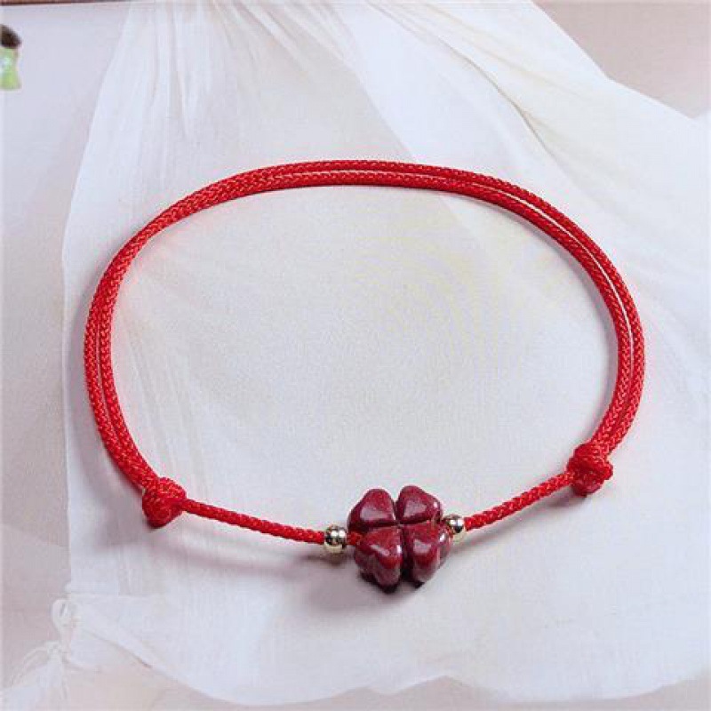 Natural Cinnabar Four Leaf Clover Bracelet Handmade Red String Lucky ...