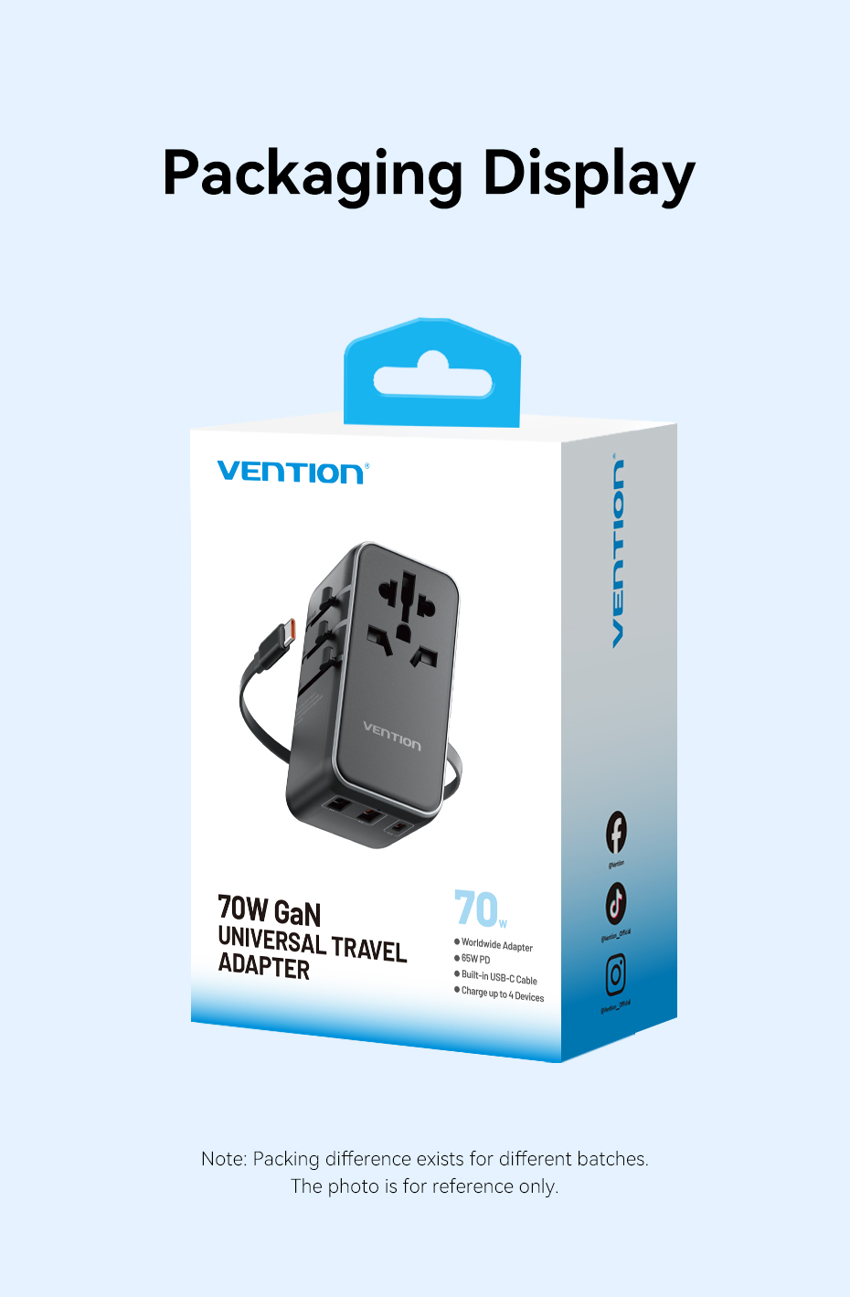 Vention Built-In Cable 70W Universal Travel Adapter with Type C +Dual ...
