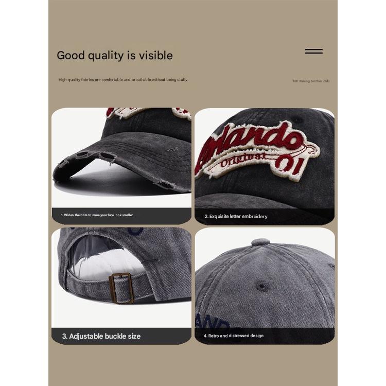 Korean Vintage Distressed Denim Cap - Retro Embroidered Letter Baseball ...