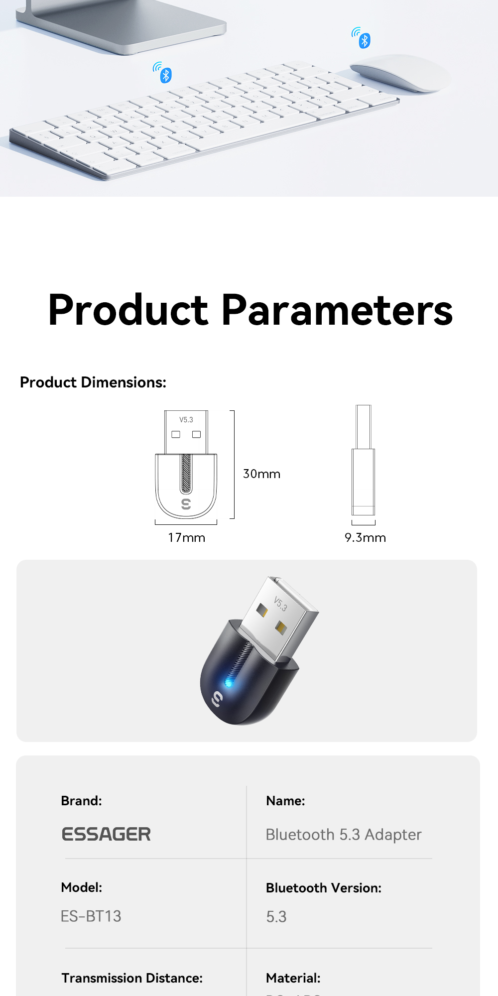 Essager Bluetooth Adapter 5.3 No-drive Usb For Wireless Headphone ...