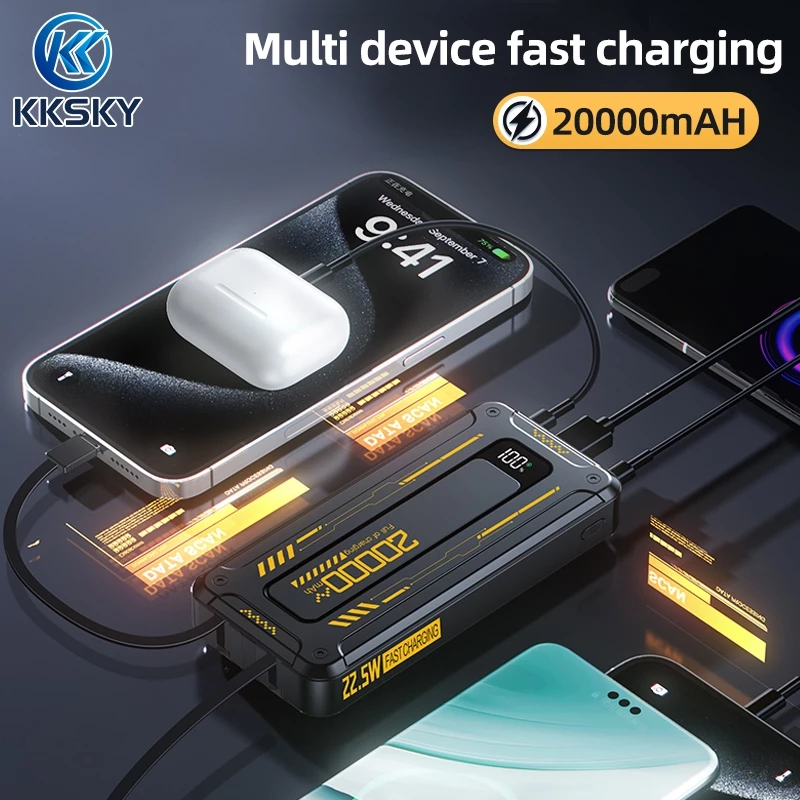 KKSKY 20000mAh 22.5W Portable PowerBank with Cord 3 Built-In Cable ...