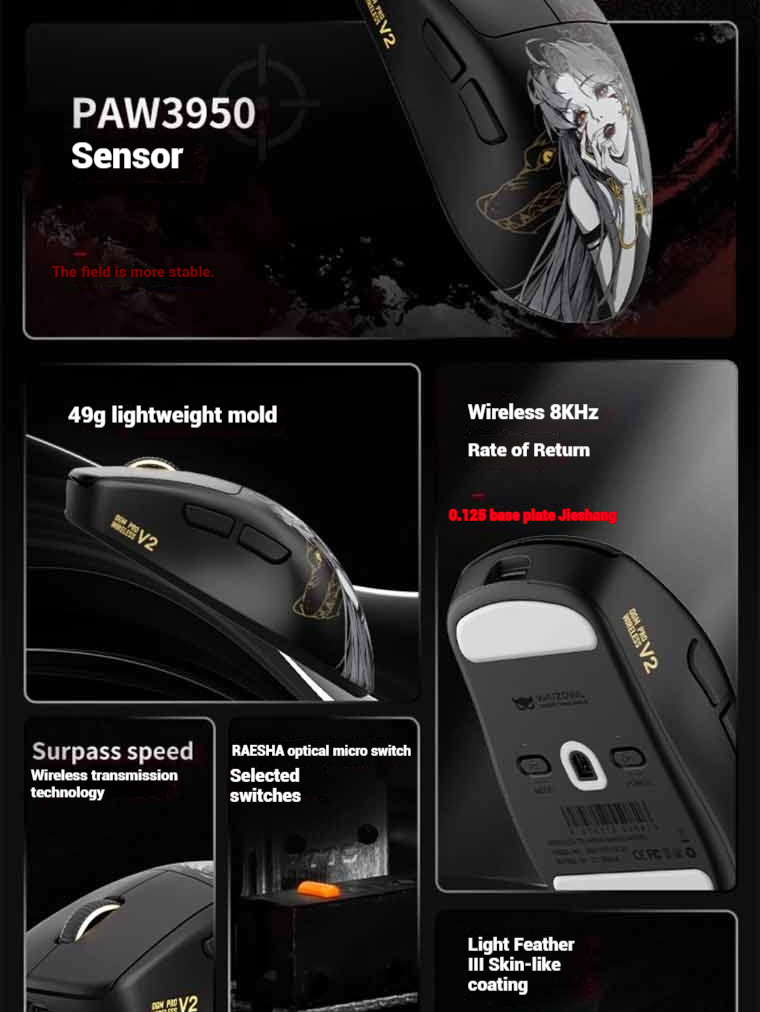 WAIZOWL OGM PRO V2 Hades three mode wireless game mouse, PAW3950, 8k ...