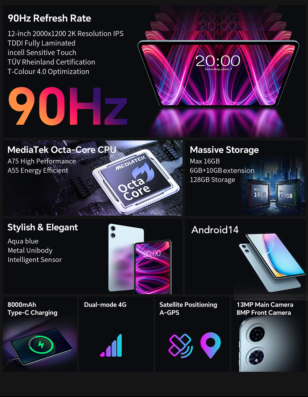 Teclast T60 PLUS Tablet 16+128GB 12" 90Hz 2K View Octa-Core CPU Dual-mode 4G Wi-Fi Android 14 ...