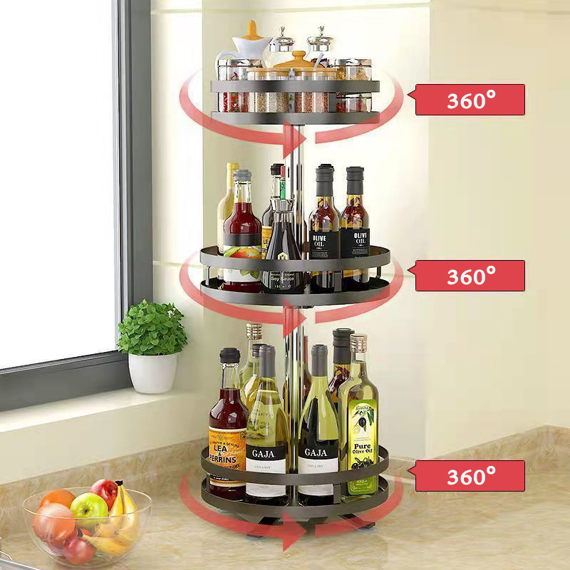 1~3 Layers 360° Rotating Spice Rack Kitchen Adjustable Seasoning Carbon ...