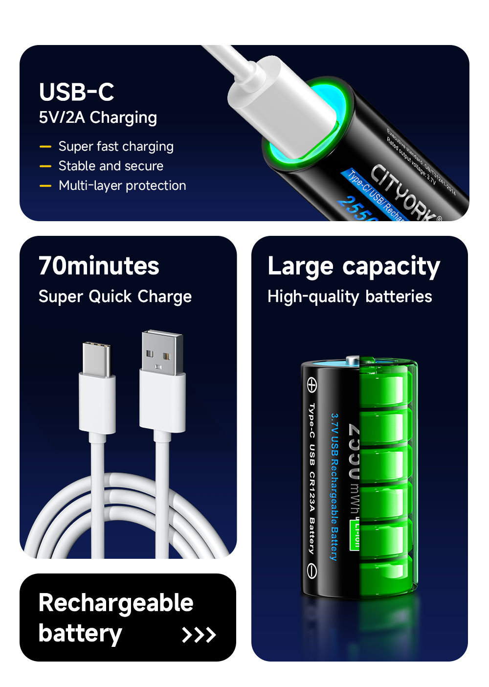 CITYORK CR123A 3.7V 16340 Rechargeable Battery 16350 Lithium Battery ...