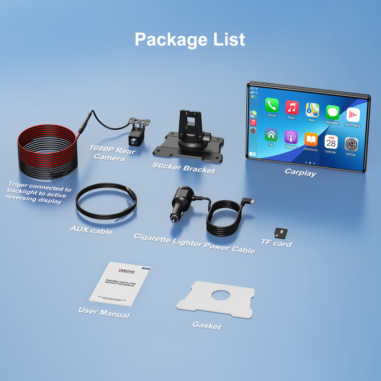 ESSGOO 12V 24V 2.5K + 1080P 9" Portable Wireless Carplay Radio Car ...