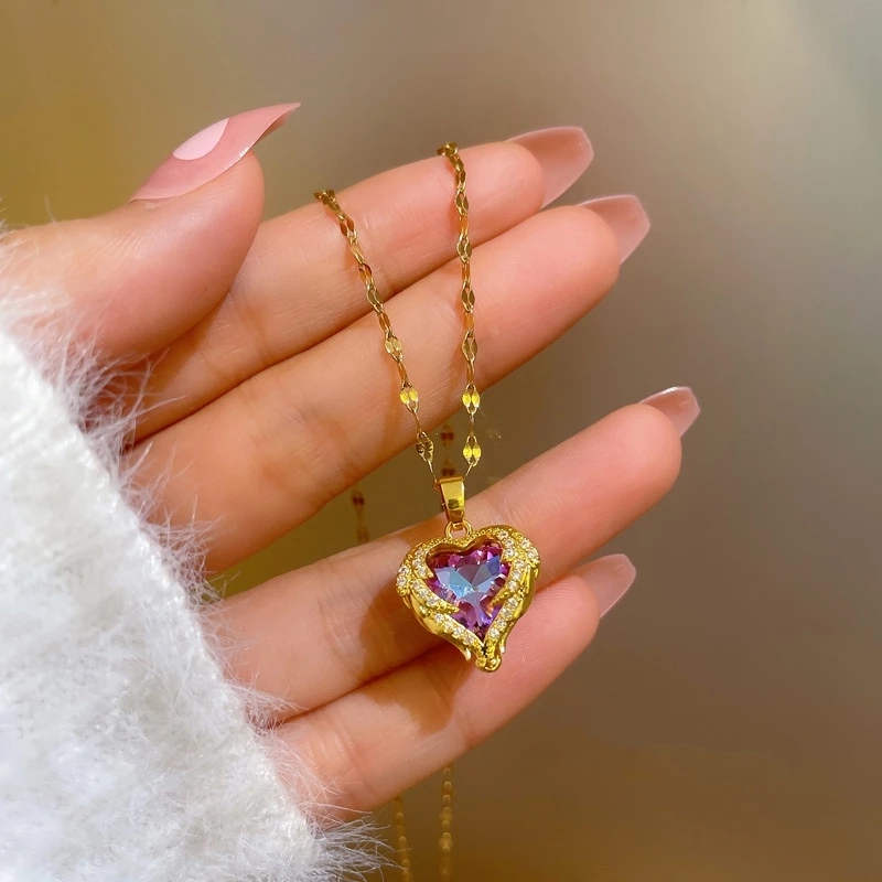 Ocean Heart Crystal Necklace for Women Stainless Steel Trendy Jewelry ...
