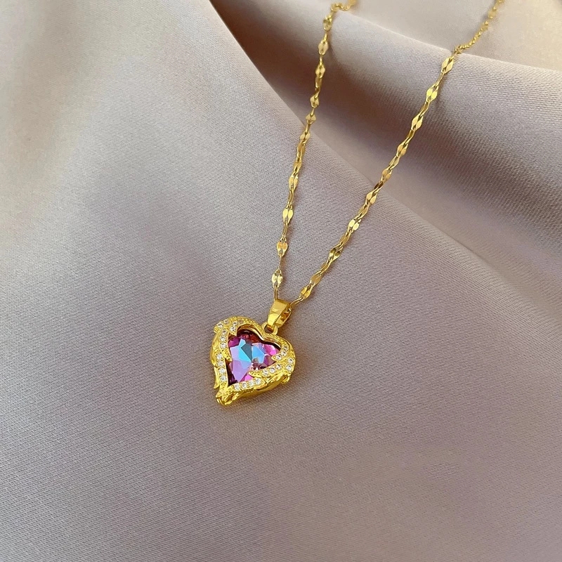 Ocean Heart Crystal Necklace for Women Stainless Steel Trendy Jewelry ...