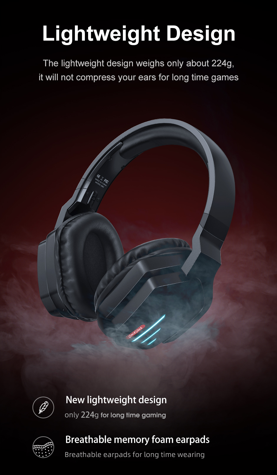 ONIKUMA B60 Wireless Gaming Headphones With LED Light Foldable ...