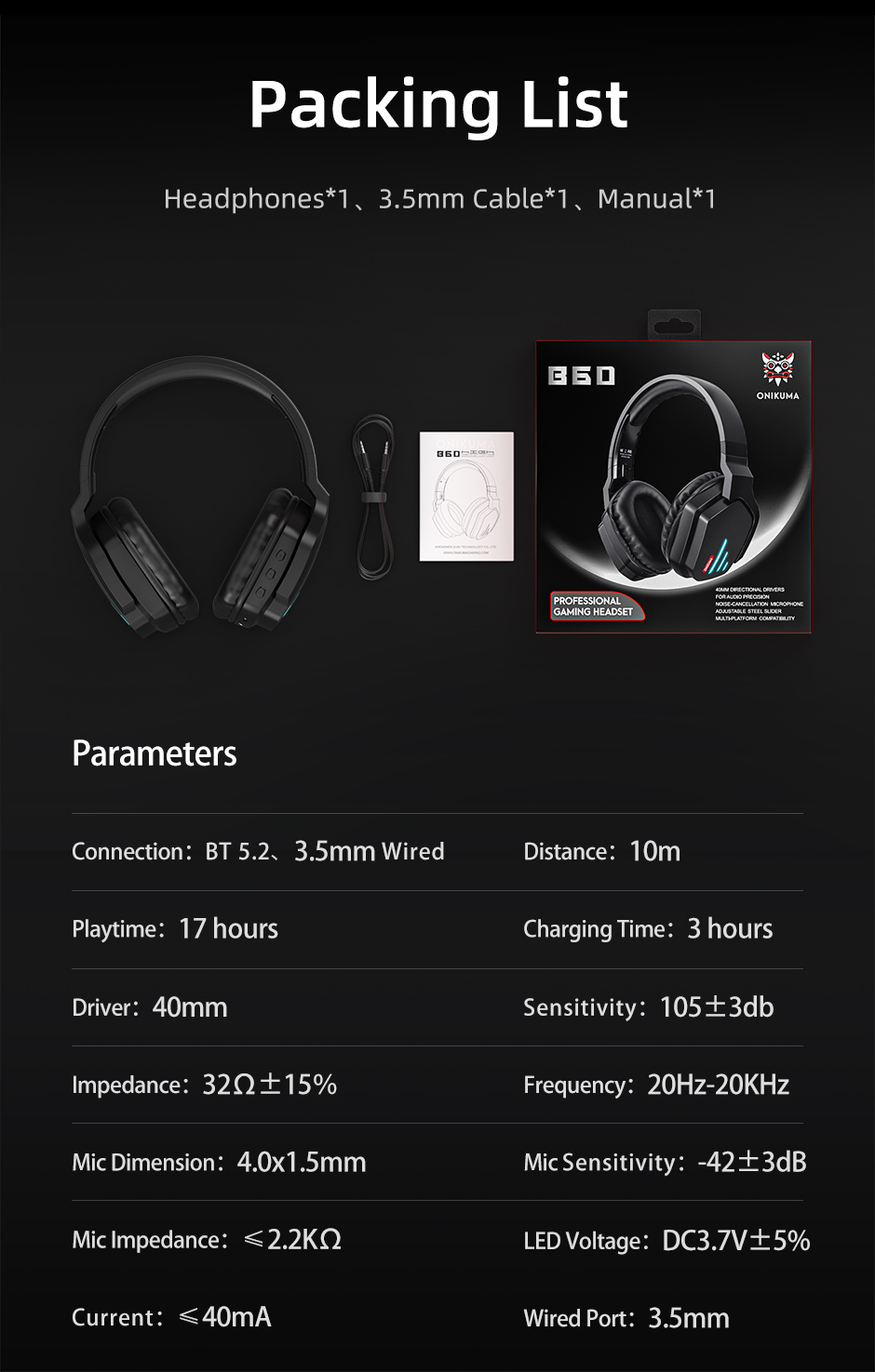 ONIKUMA B60 Wireless Gaming Headphones With LED Light Foldable ...