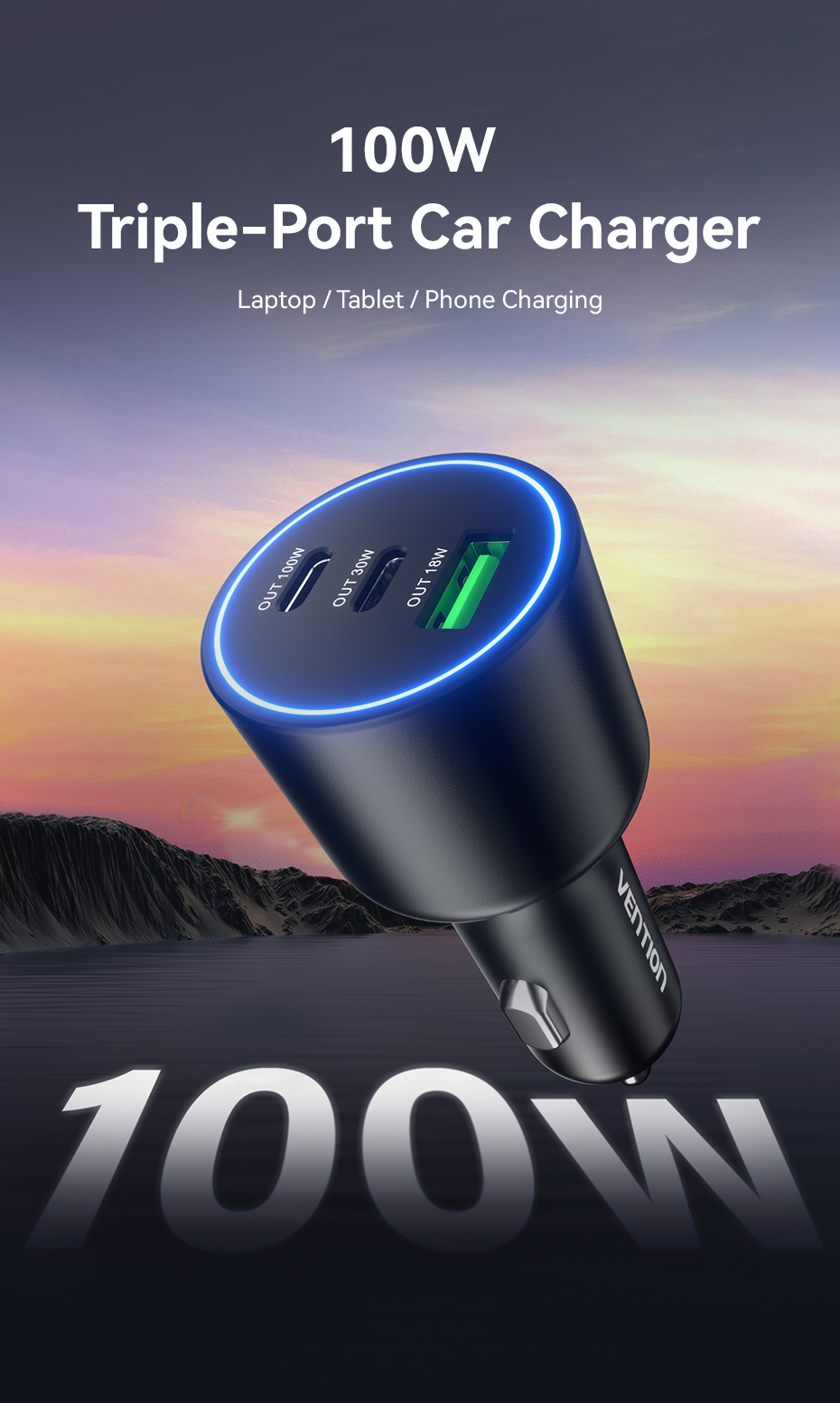 Vention 100W Car Charger Fast Charge - 3-Port USB-C/USB-A (100W+30W+18W ...
