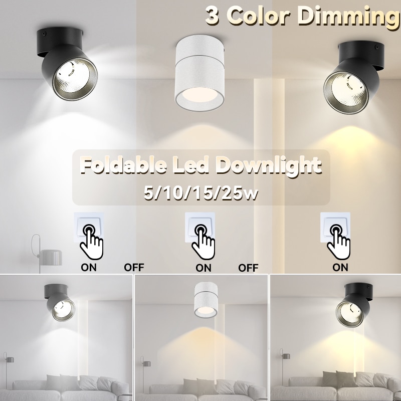 Tri-color Led Downlight Surface Mounted Down Light Foldable Spotlight ...