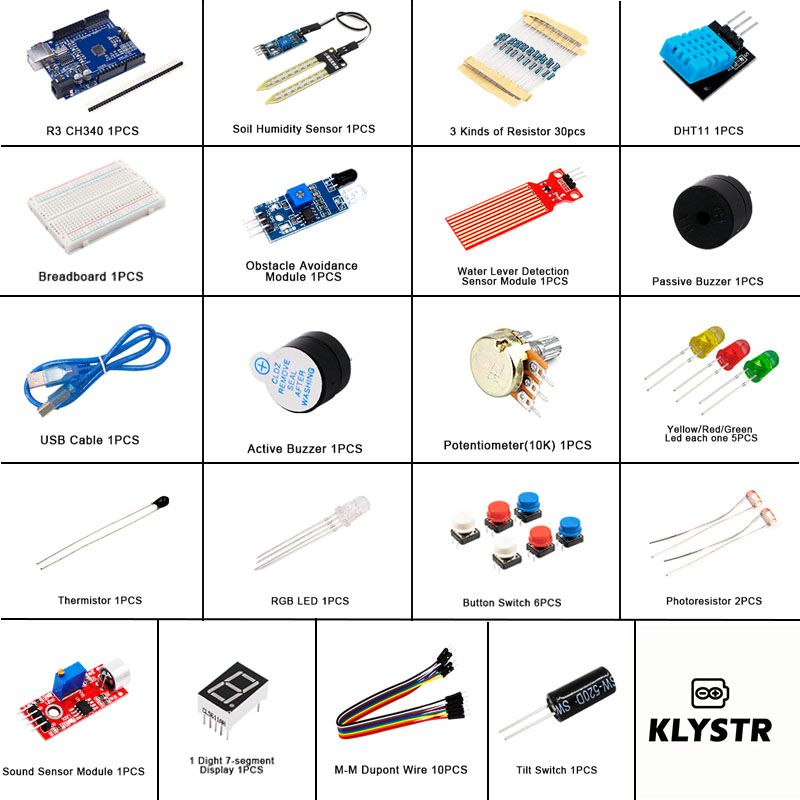 Klystr Basic Starter Kit For Arduino Uno R3 With Tutorial Code Breadboard Jumper Wire Led Diodes
