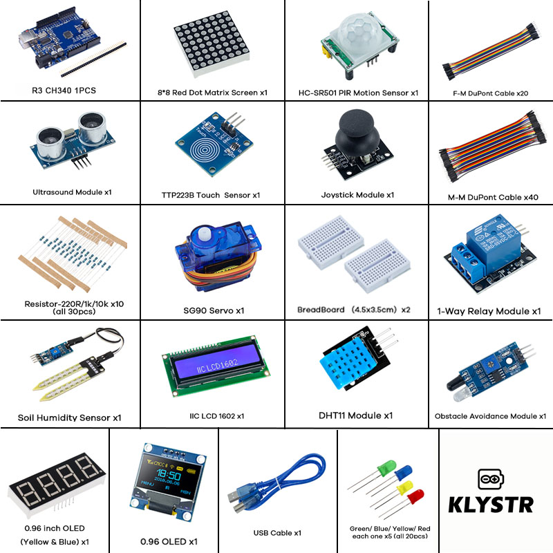 KLYSTR Sensor Module Starter Kit for Arduino Uno Set R3 ,0.96" OLED 1602 LCD Display with ...