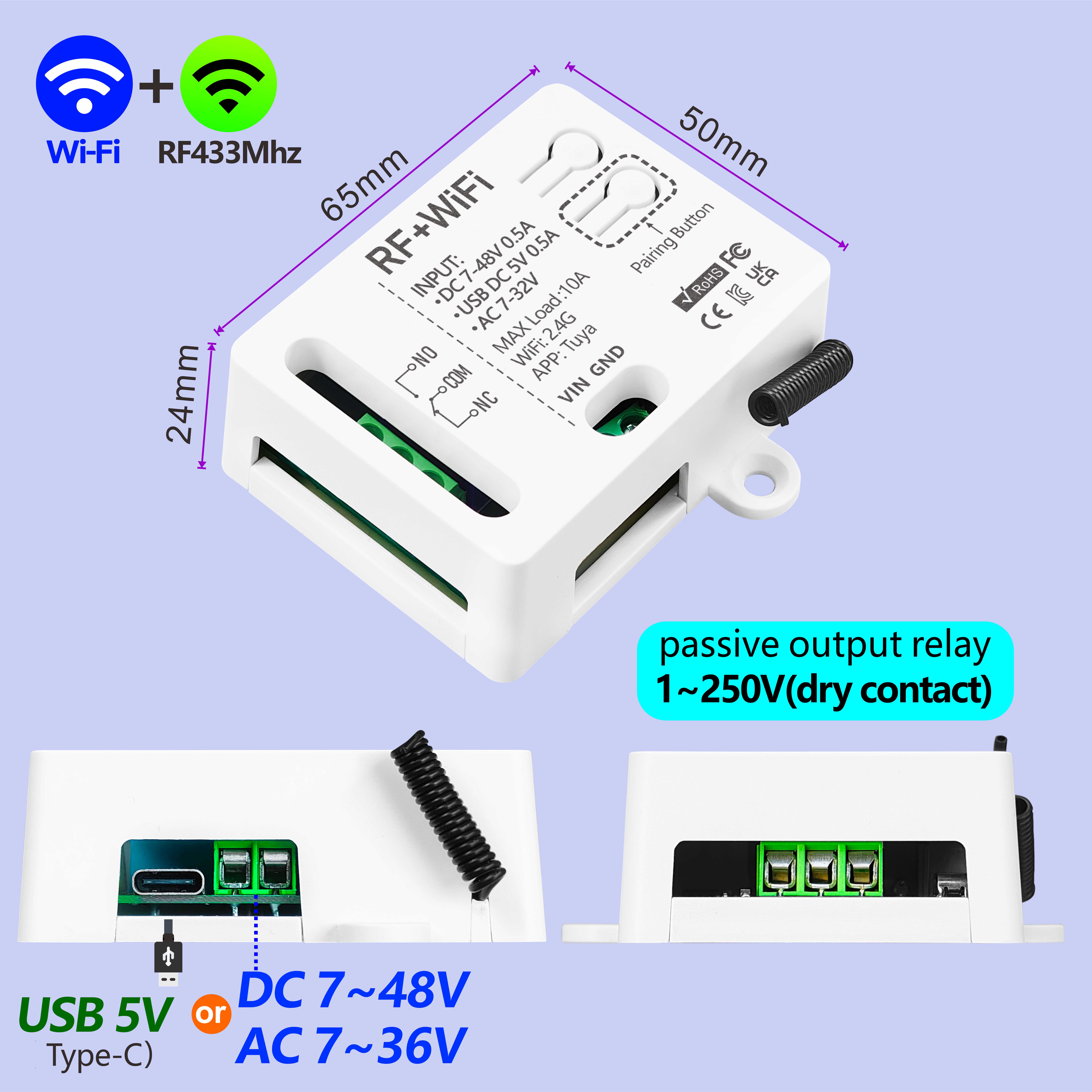 Tuya WiFi Smart Switch,RF 433MHz Wireless switch, DC 7V 12V 24V 48V ...